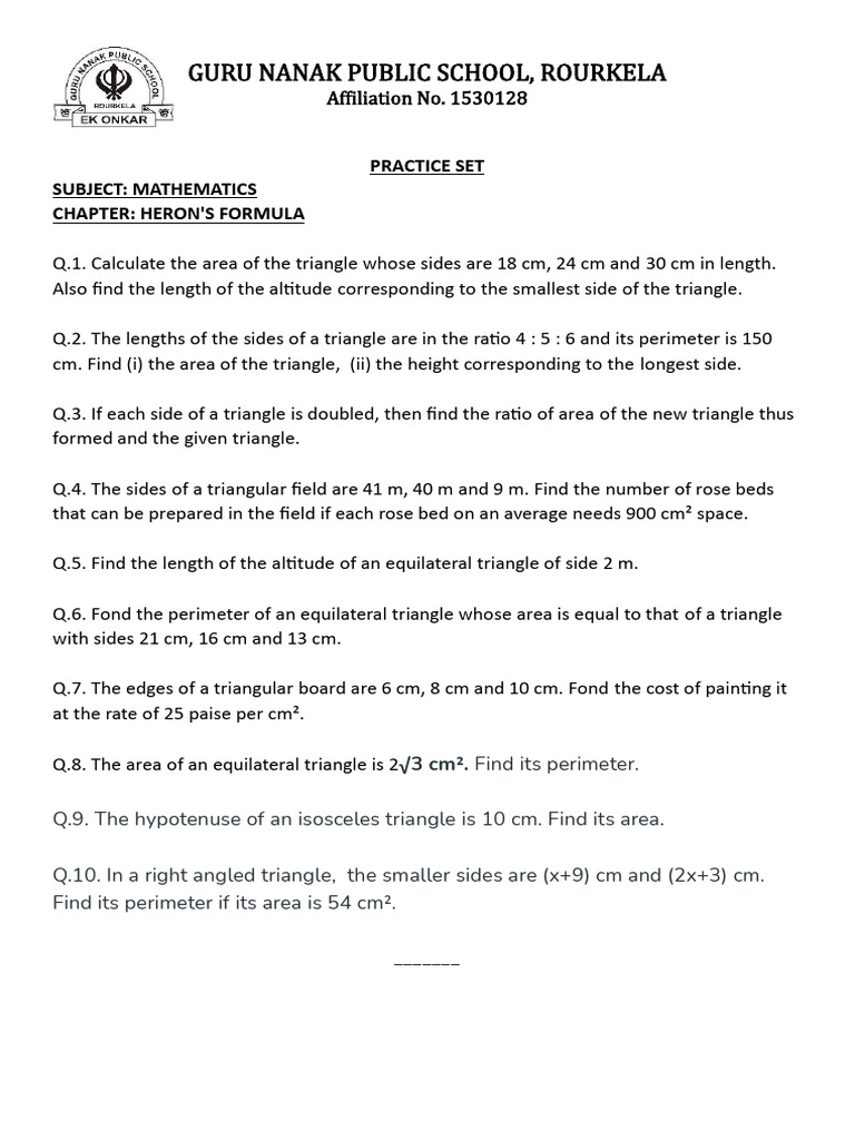 PRACTICE SET. HERON'S FORMULA | PDF