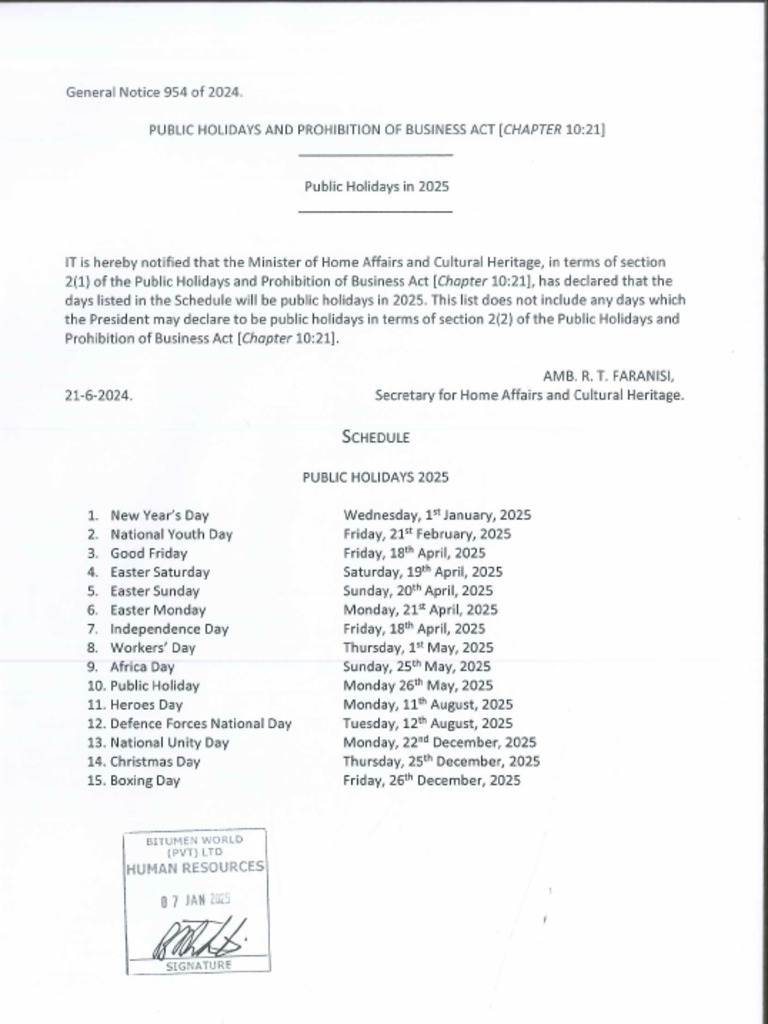 Public Holidays and Prohibition of Business Act Chapter 10 21 2025 | PDF