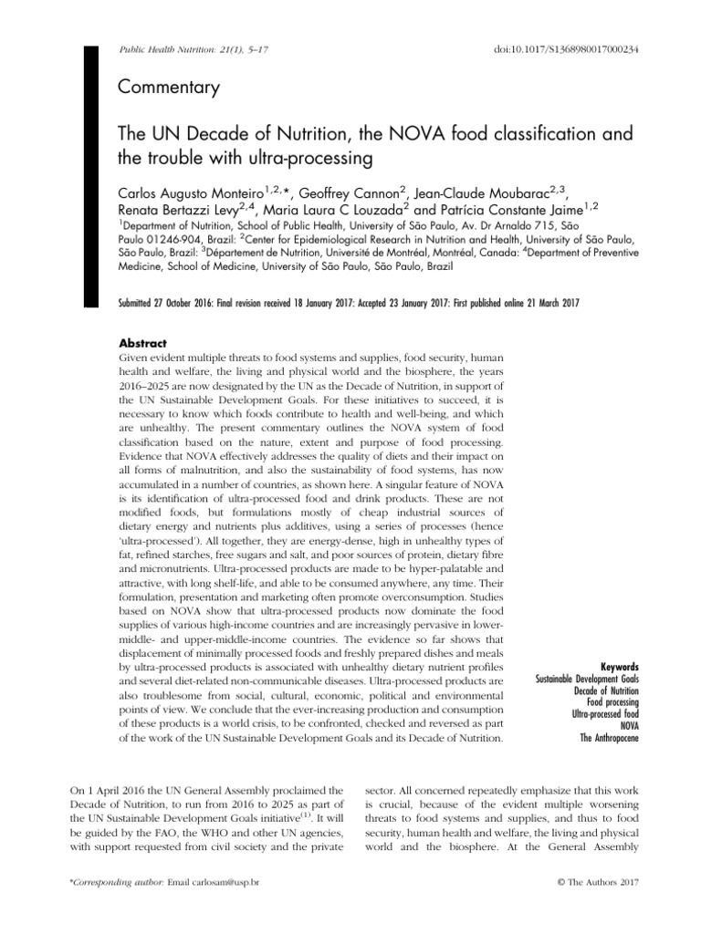 The UN Decade of Nutrition, The NOVA Food Classification and | PDF ...