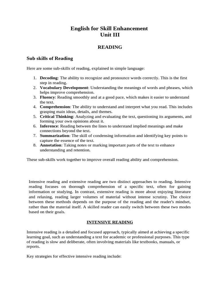 Sub Skills of Reading and Intensive Reading | PDF | Reading Comprehension | Cognitive Psychology
