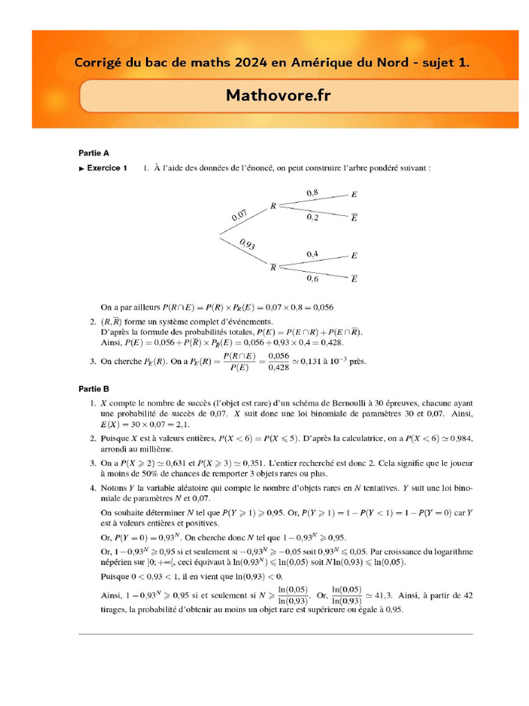 Bac Maths 2024 Amerique Nord Corrige Sujet 1 | PDF