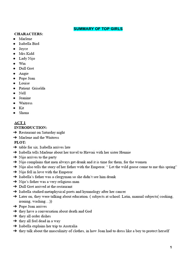 Top Girls Act 1 Summary and Analysis | PDF