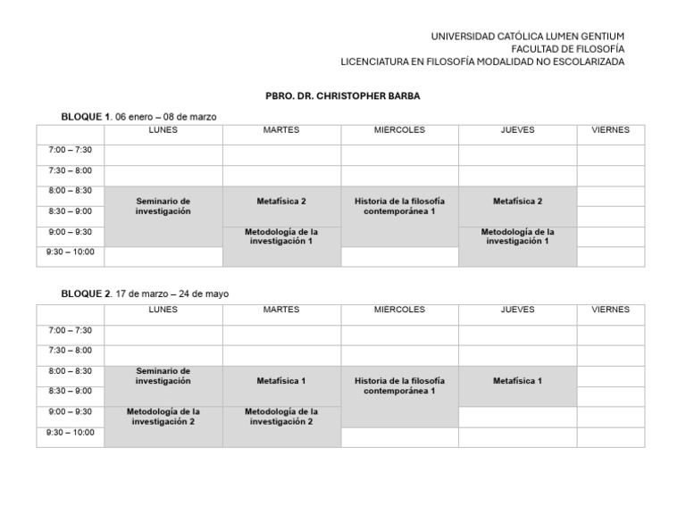 Horario Dr. Christopher Barba | PDF