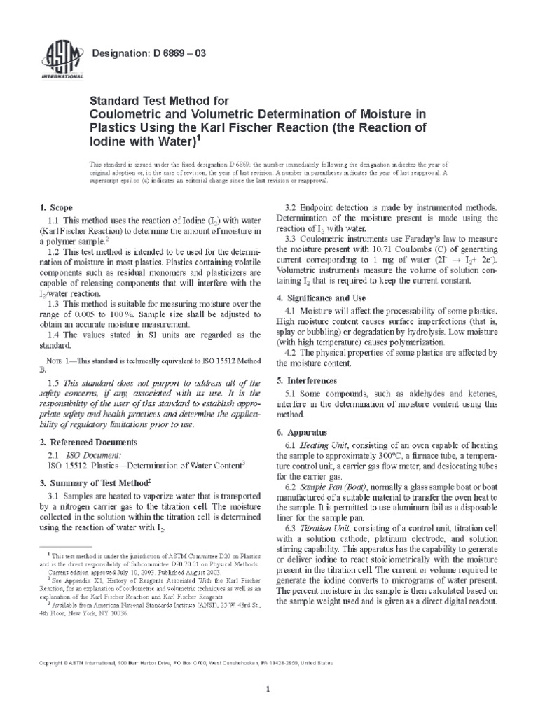 ASTM D6869 - Coulometric and Volumetric Determination of Moisture in Plastics Using The Karl ...