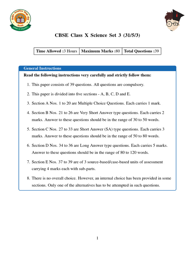CBSE Class 10 Science Question Paper 2024 Set 3 31 5 3 | PDF ...
