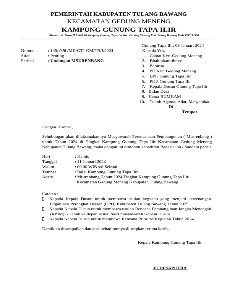 Undangan Musrenbang 2024 Gunung Tapa Ilir | PDF