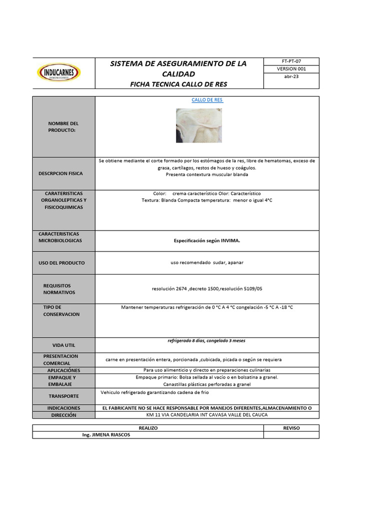 Ficha Técnica Callo de Res | PDF | Ciencia de los Alimentos | Industria ...