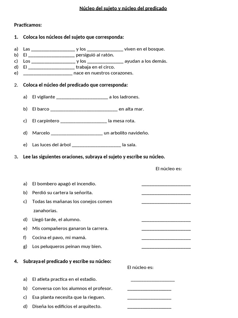 Núcleos del Sujeto y Predicado: Ejercicios | PDF