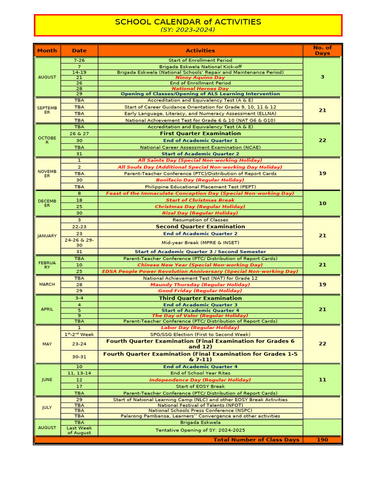 School Calendar 2023-2024 | PDF | Holidays | Observances