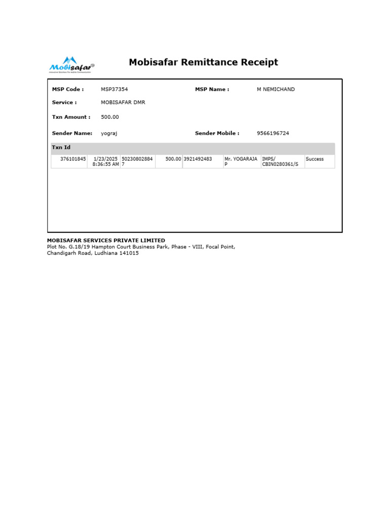 Mobisafar Remittance Receipt Details | PDF