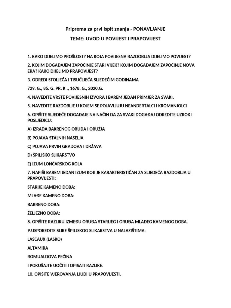 Priprema za ispit iz povijesti | PDF