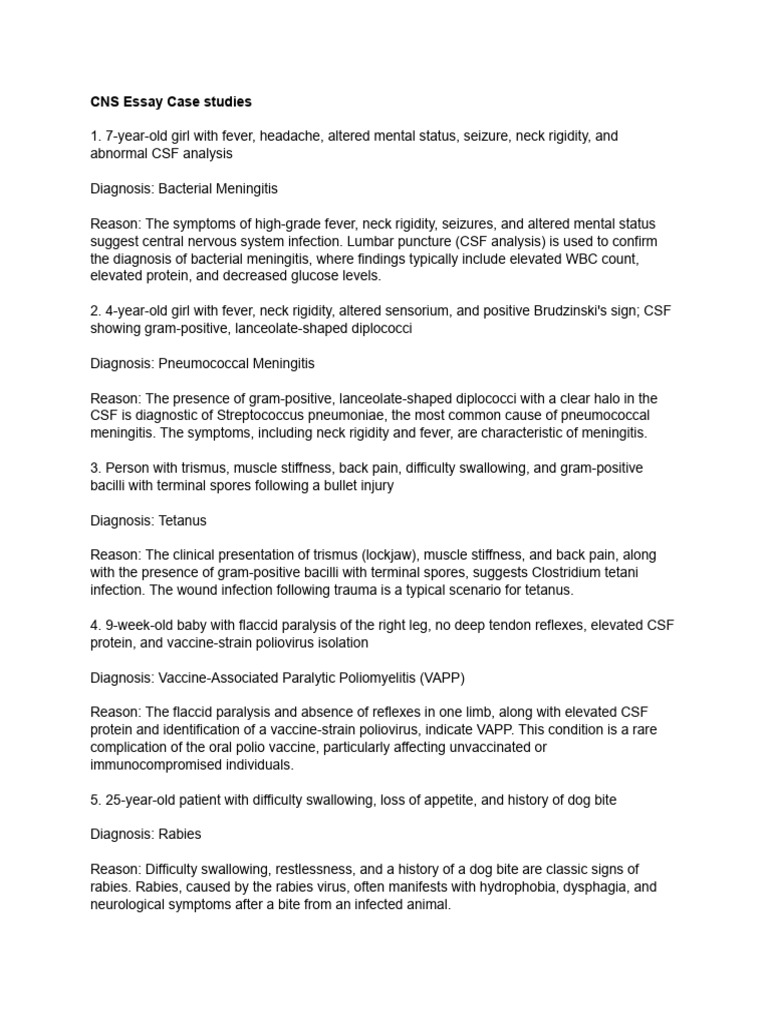 CNS Essay Case studies | PDF | Meningitis | Human Diseases And Disorders