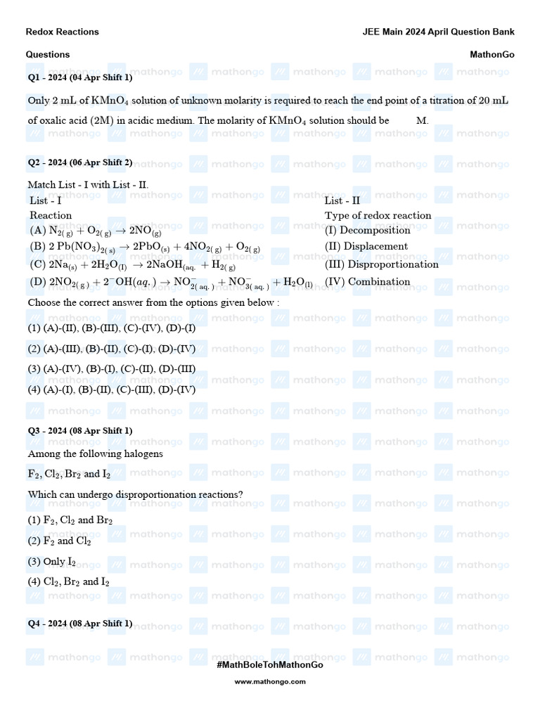 Redox Reactions - JEE Main 2024 April Question Bank - MathonGo | PDF | Redox | Iodine