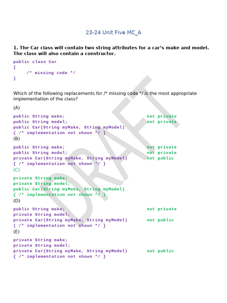 23-24 APCS Unit Five MC - A - ANSWERS | PDF | Class (Computer Programming) | Method (Computer ...