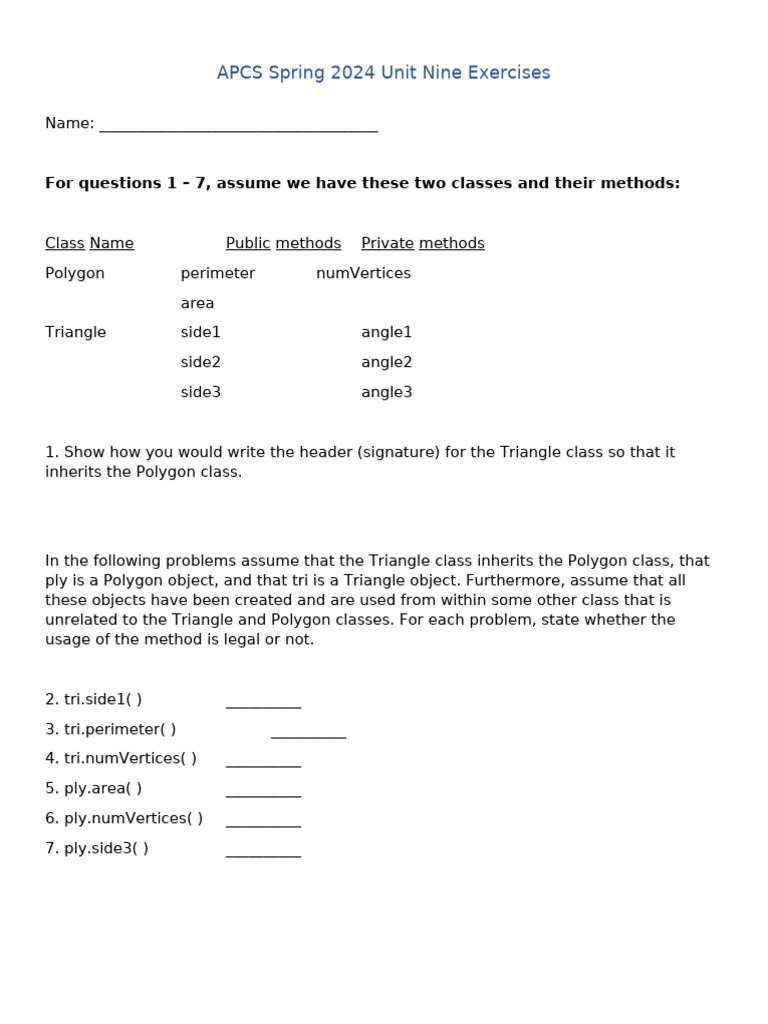 APCS Spring 2024 Unit Nine Exercises | PDF | Method (Computer ...