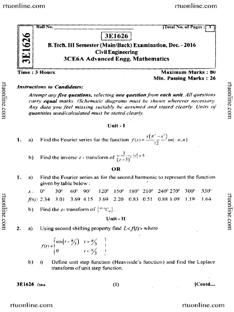 Btech Ce 3 Sem Advanced Engineering Mathematics 3e1626 Dec 2016 | PDF
