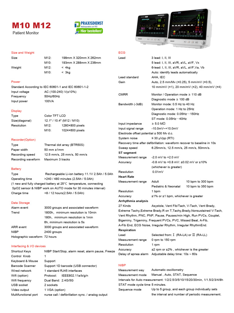 m10 Patientenmonitor Biolight Technisches Datenblatt | PDF | Clinical ...