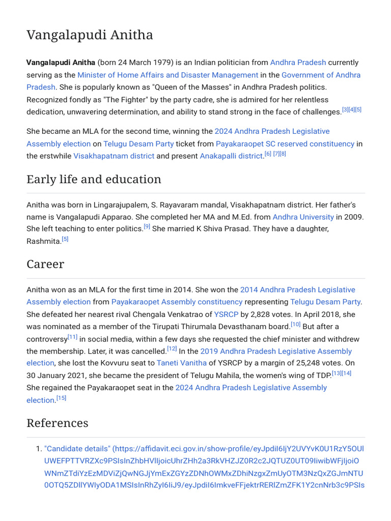 Vangalapudi Anitha - Wikipedia | PDF | Politics Of India