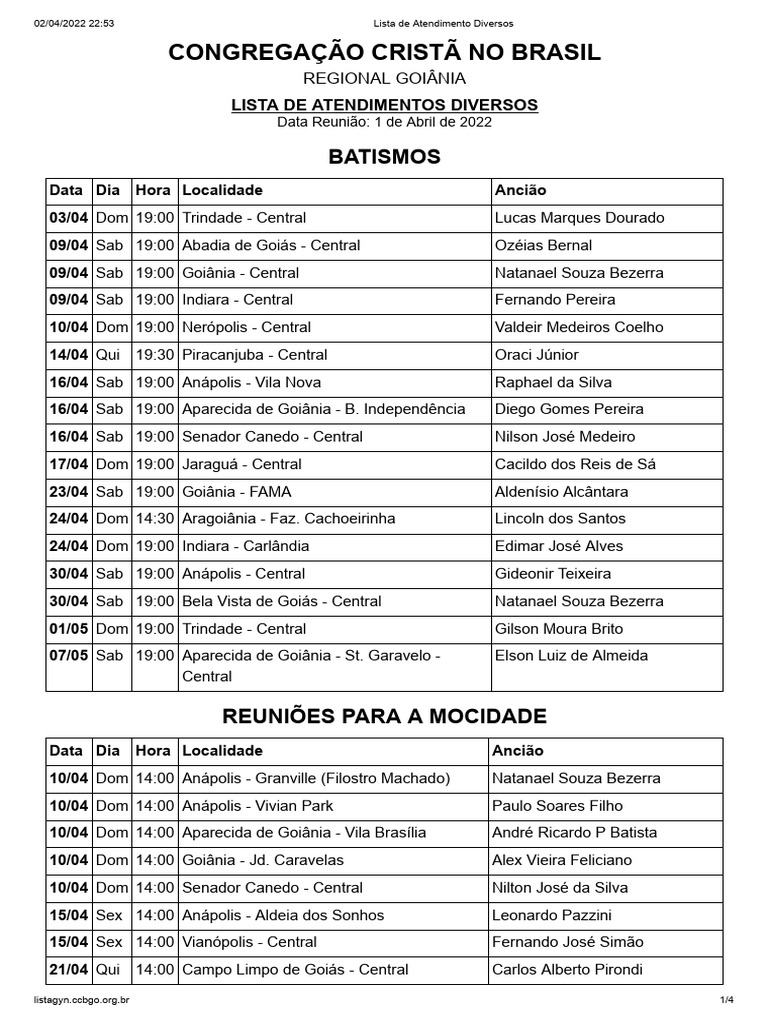 Lista de Atendimentos CCB Goiânia | PDF | Eucaristia