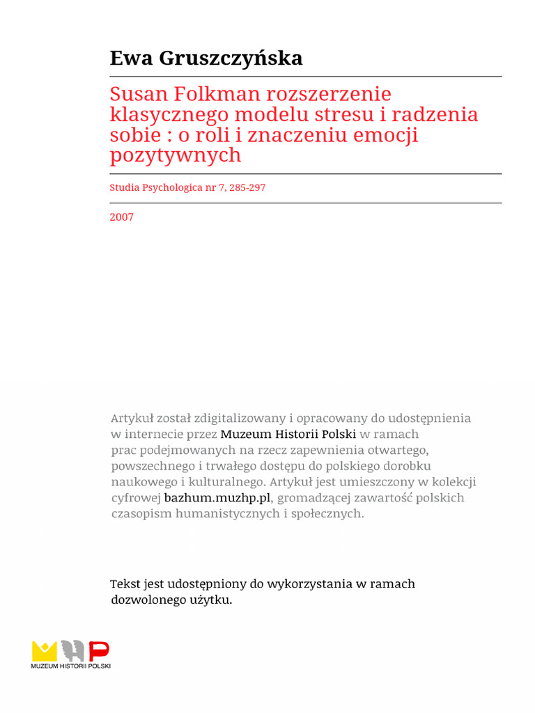 Ewa Gruszczyńska Susan Folkman Rozszerzenie Klasycznego Modelu Stresu I ...