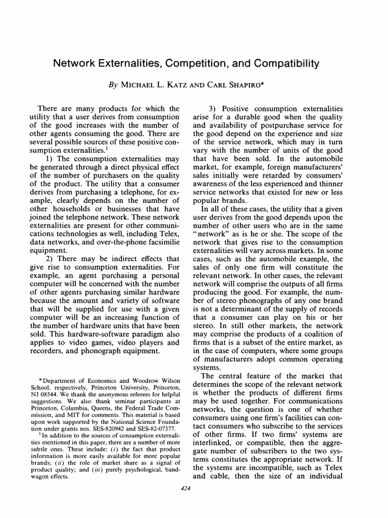 Katz Shapiro Network Externalities Competition and Compatibility | PDF