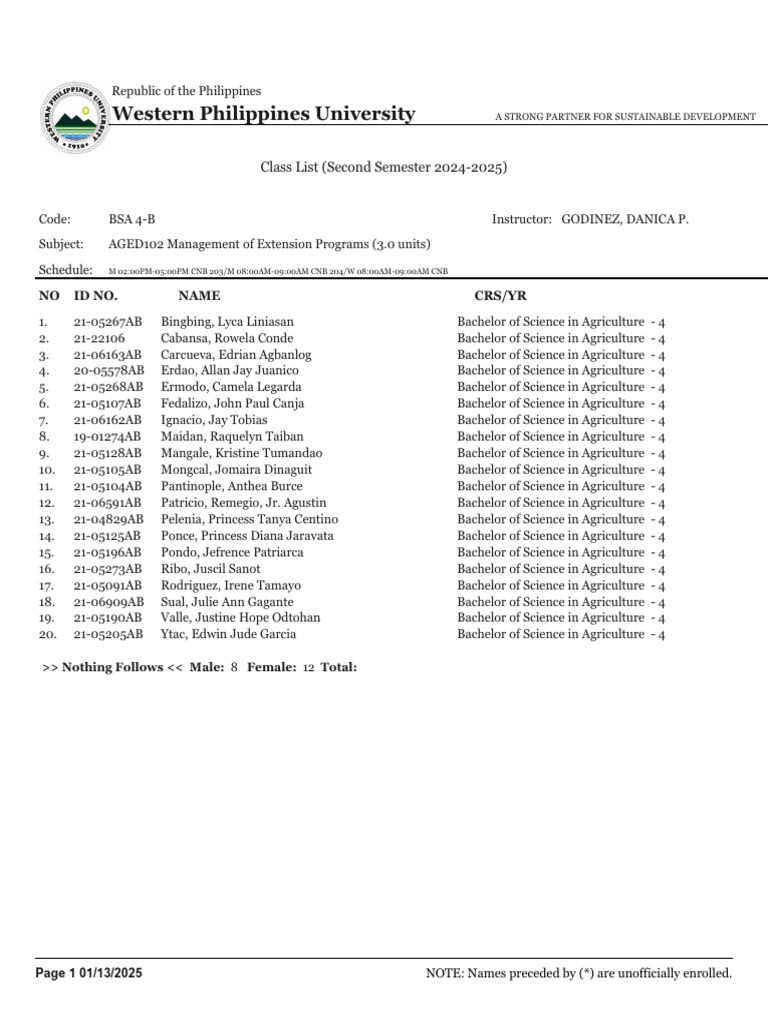 Aged102 Bsa 4b Class List | PDF | Academic Degree | Qualifications