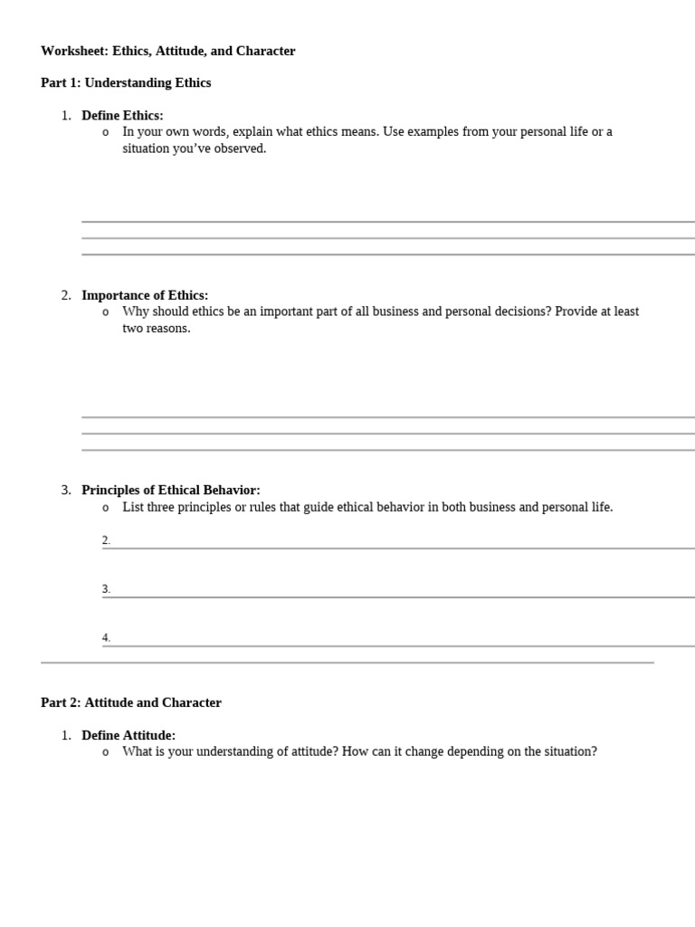 Worksheet: Ethics, Attitude, and Character Part 1: Understanding Ethics ...