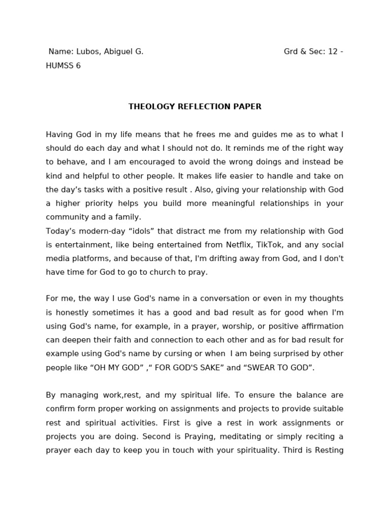 Theology Reflection Paper | PDF | Sabbath In Christianity | Prayer