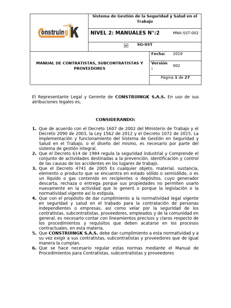 MNA-SST-002 Manual de Contratistas | PDF | Outsourcing