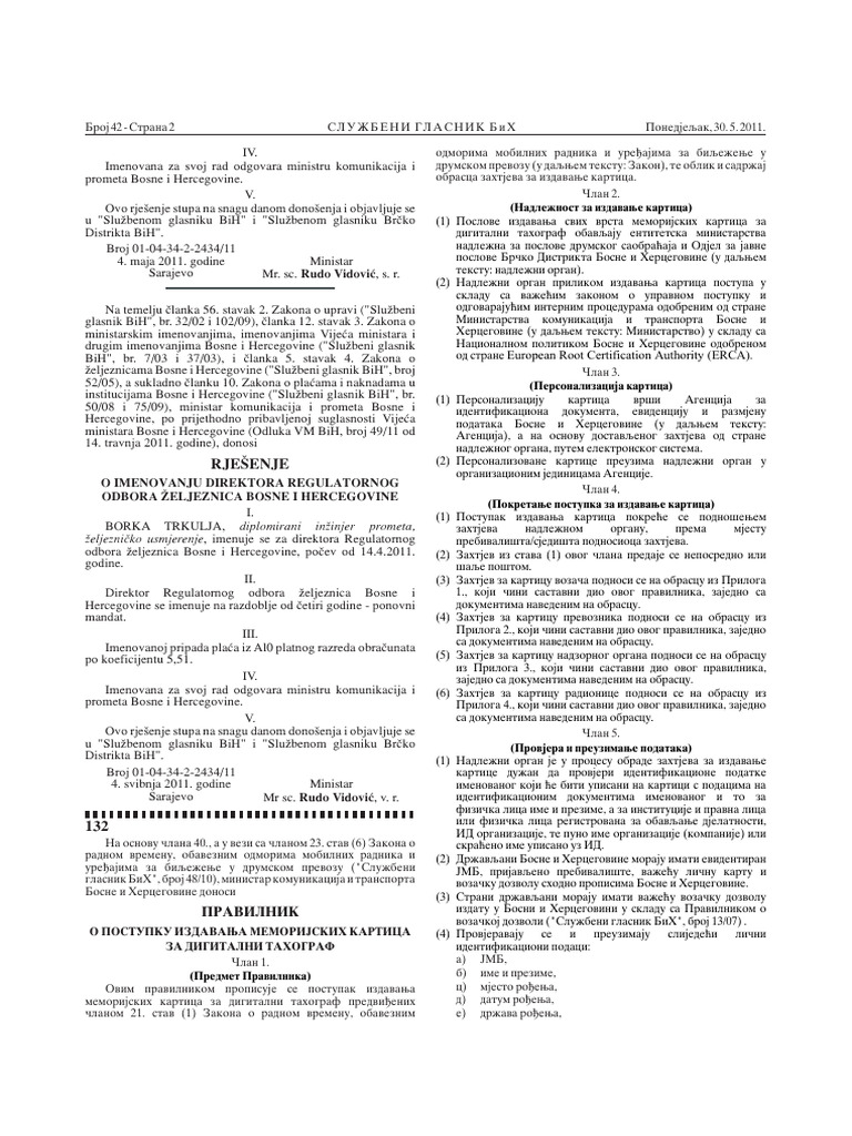 Pravilnik o Postupku Izdavanja Memoriskih Kartica Za Digitalne Tahograf Sluzbeni Glasnik BIH br ...