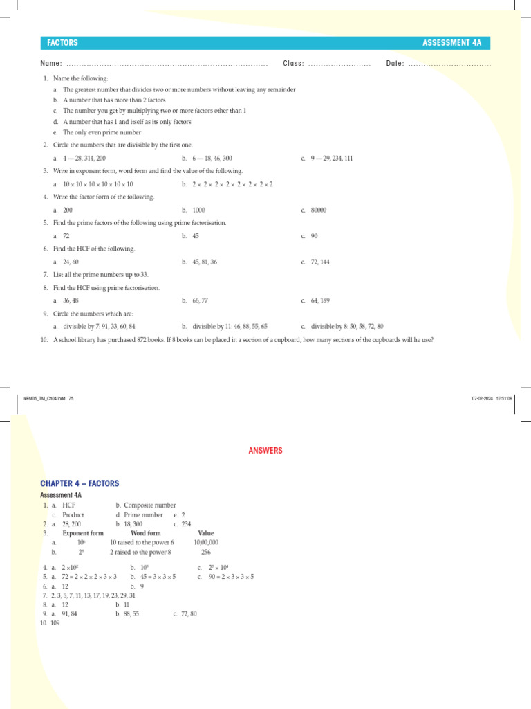 Assessment_4A.pdf class 5 | PDF | Mathematical Concepts | Factorization