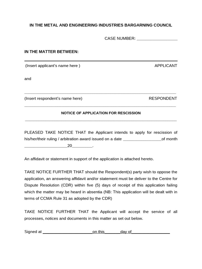 Rescission Application Form for CDR | PDF | Affidavit | Private Law