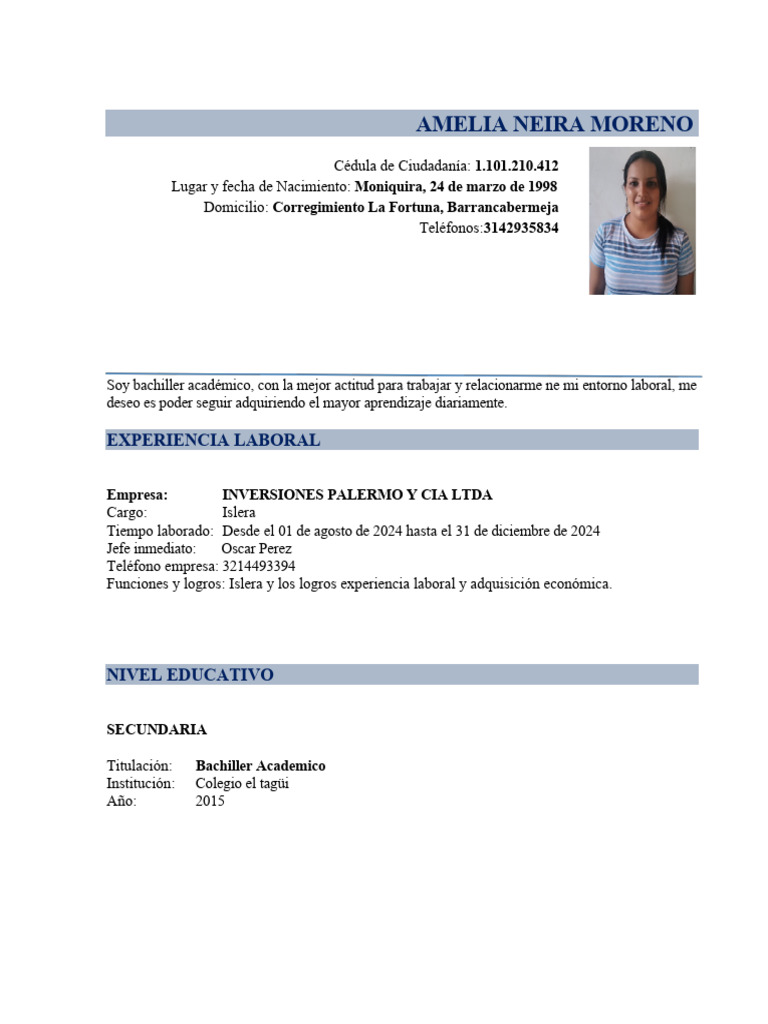 Hoja de Vida Amelia Neira Moreno | PDF