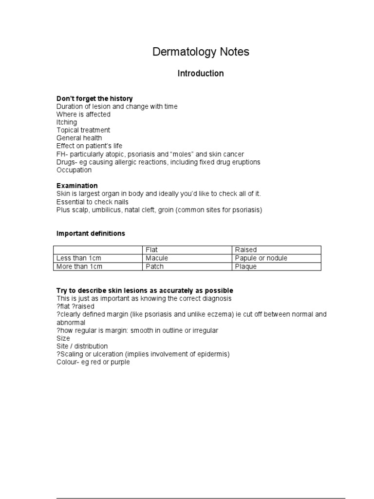 Dermatology Notes | PDF | Psoriasis | Dermatitis