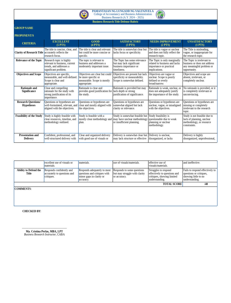 Business Research Title Defense Rubric | PDF