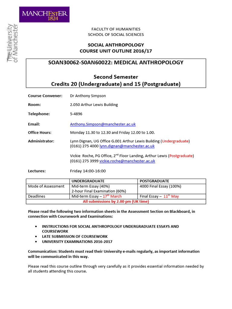 SOAN 30062 Course Outline (1) | PDF | Psychiatry | Medical Anthropology