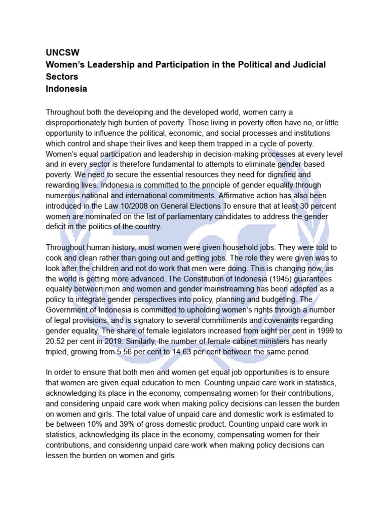 UNCSW Topic A Indonesia | PDF | Gender Equality | Gender Studies