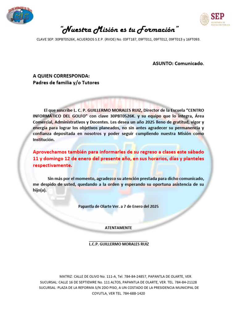 Comunicado De Regreso A Clases 2025 Pdf