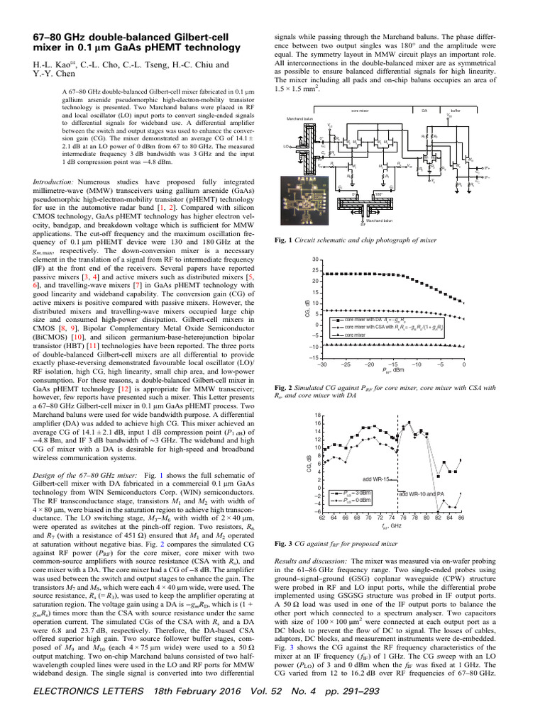 Electronics Letters - 2016 - Kao - 67 80 GHz double‐balanced Gilbert‐cell mixer in 0 1 m GaAs ...