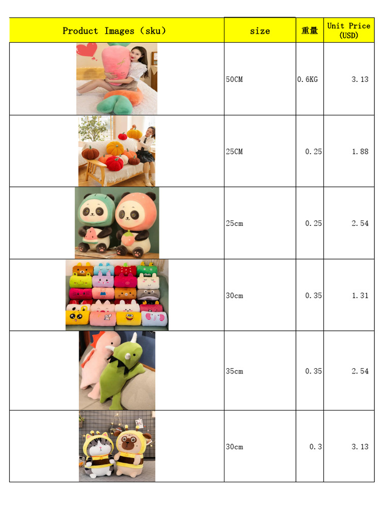 Product Size and Pricing Details | PDF