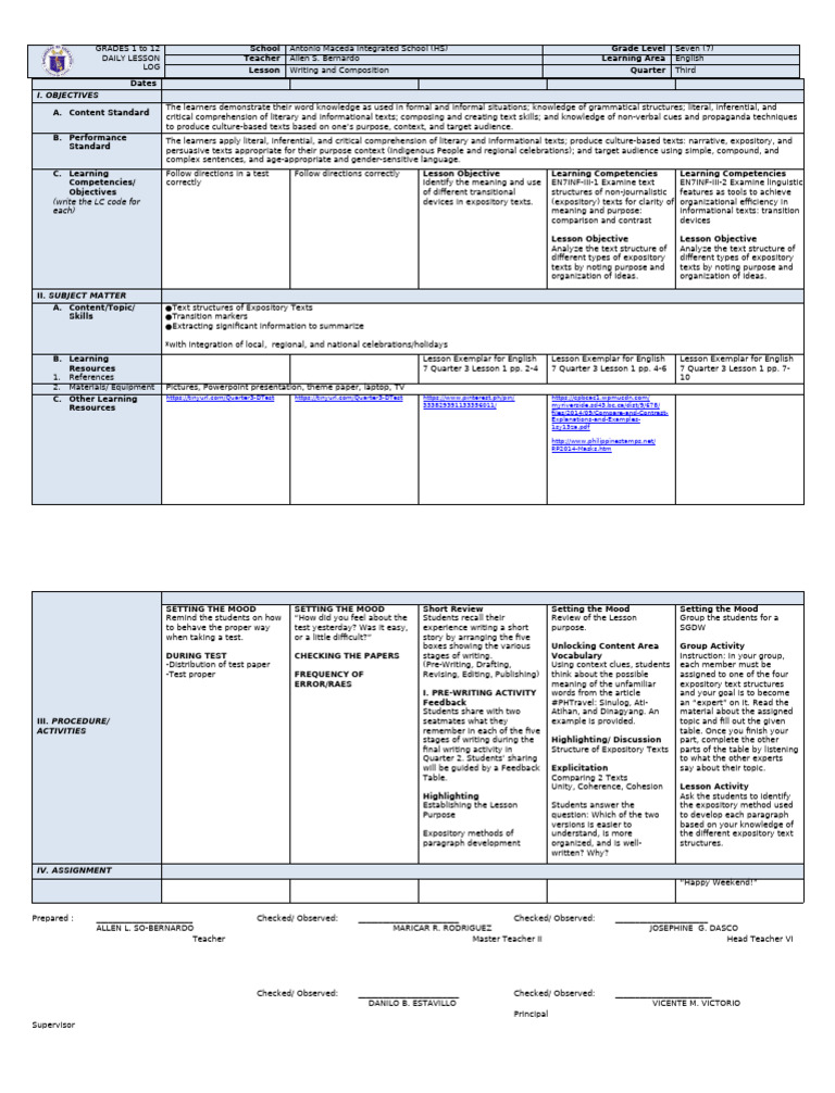 Expository Texts Lesson Plan for Grade 7 | PDF | Semantics | Learning