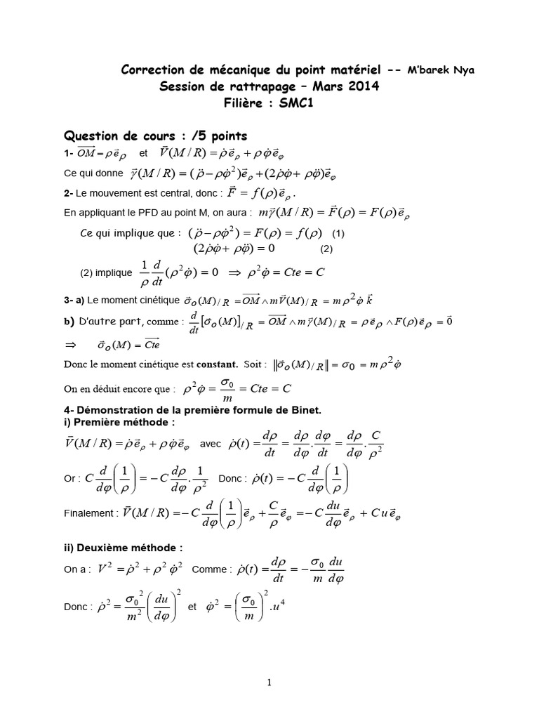 Correction Mécanique Point Matériel SMC1 | PDF | Rotation | Espace-temps