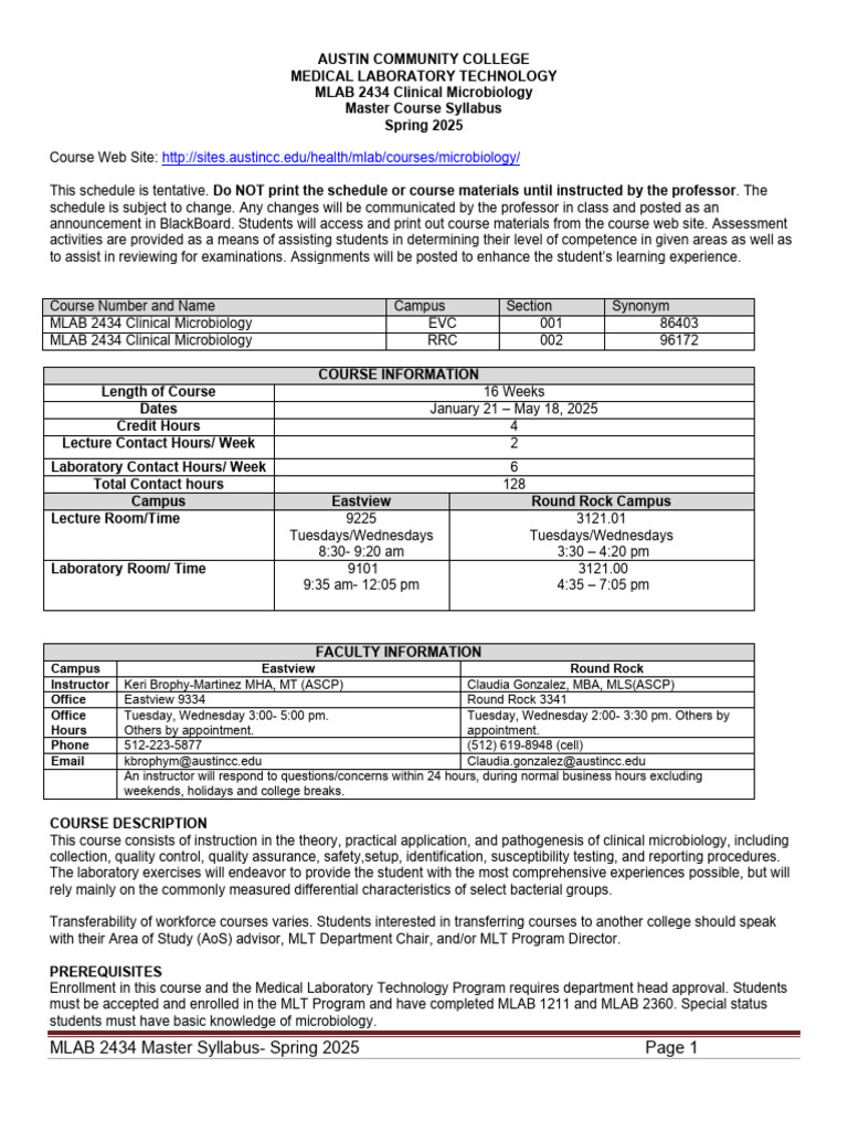 MLAB 2434 Clinical Microbiology Syllabus | PDF | Libraries | Academic Dishonesty