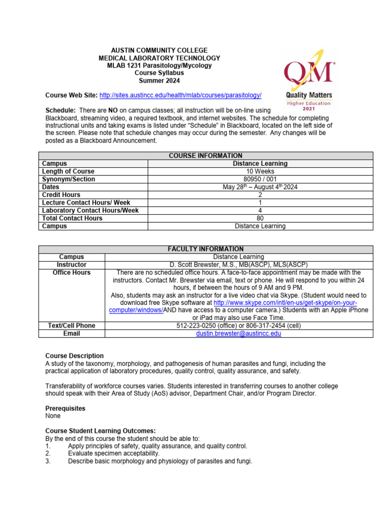 Master Syllabus - MLAB 1231 Summer | PDF | Libraries | Academic Dishonesty