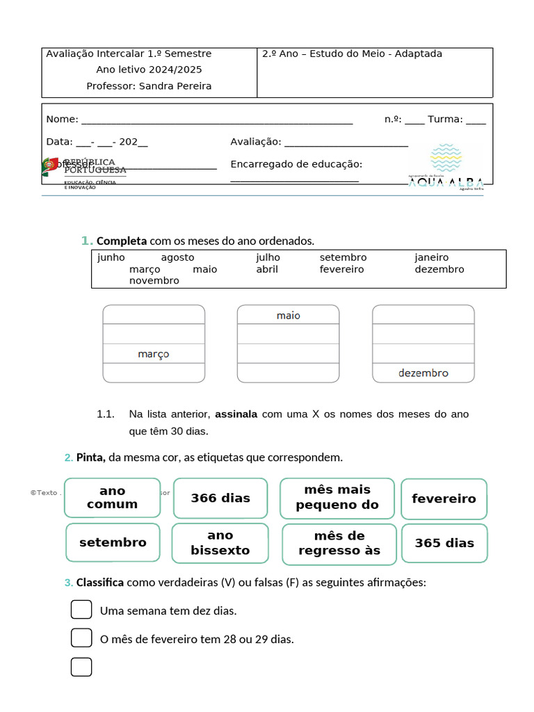 Avaliação Intercalar 2.º Ano - Estudo do Meio | PDF | Ano