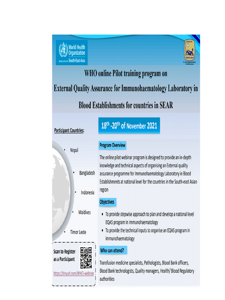 Who Online Pilot Training On Eqas in Immunohematology For Blood Establishments - Nov - 2021 ...