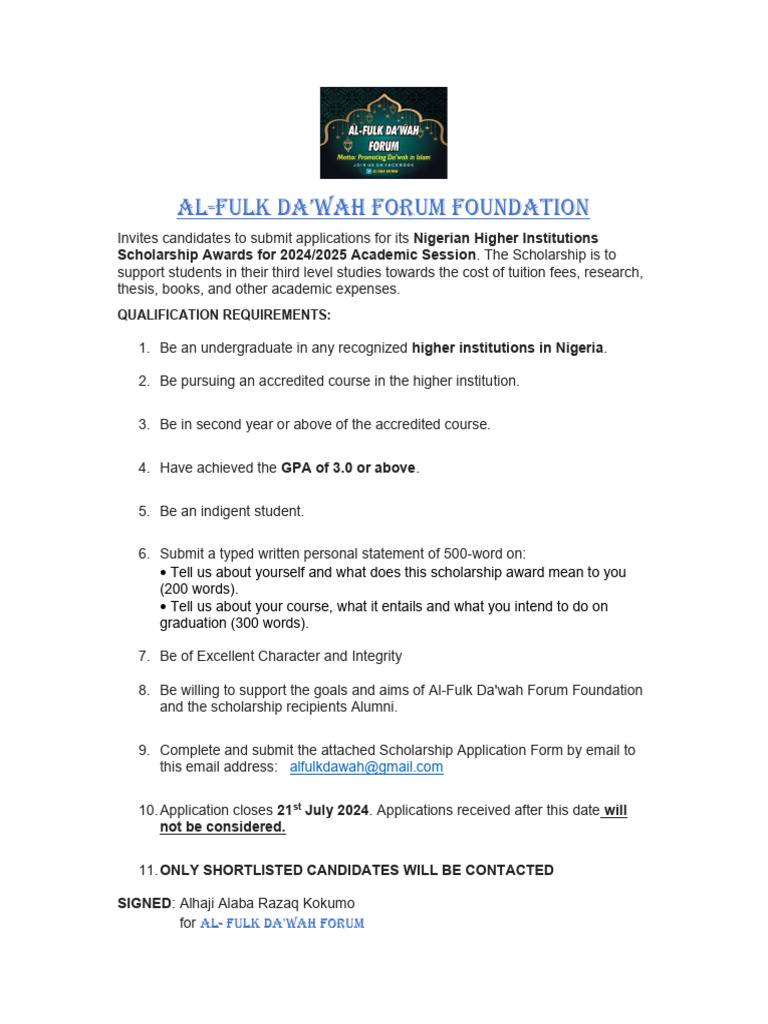 Al Fulk Scholarship Application 2024 | PDF | Information Privacy