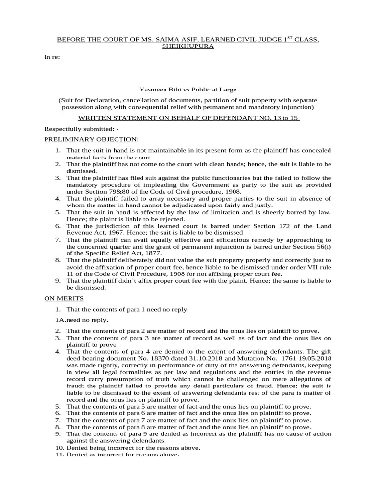 Defendants' Written Statement in Yasmeen Bibi Case | PDF | Lawsuit ...