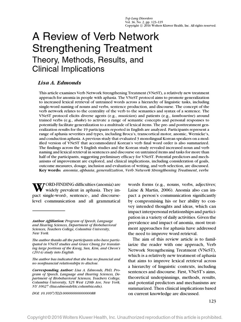 A Review of Verb Network Strengthening Treatment .4 | PDF | Aphasia ...