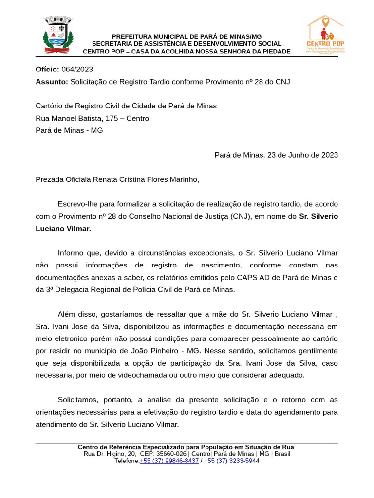 Solicitação de Registro Tardio em Pará de Minas | PDF
